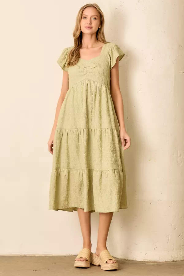 Wholesale TEXTURED WOVEN RUCHED BODICE TIERED MIDI DRESS - Wellmadeusa